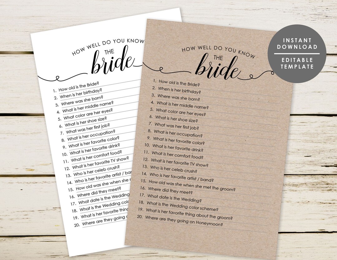 Printable Know the Bride Game How Well Do You Know the Bride - Etsy
