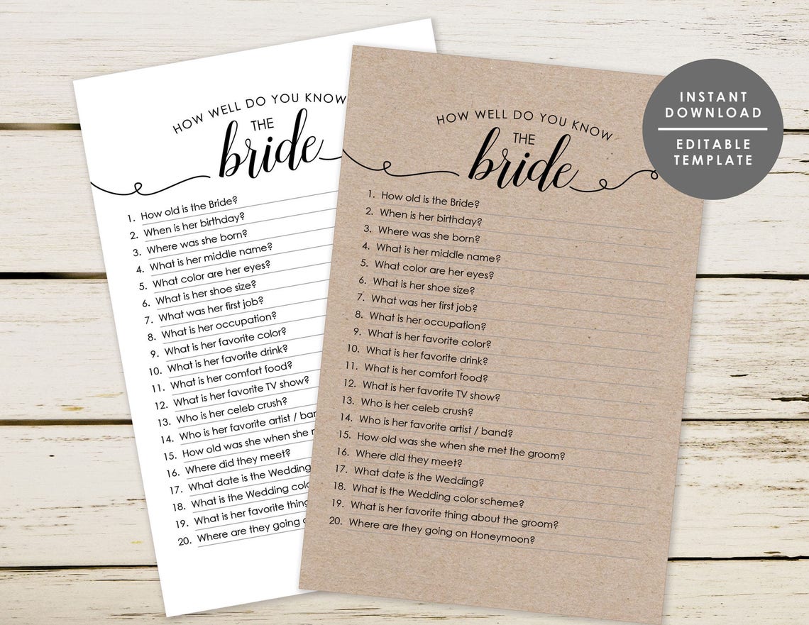 Printable Know the Bride Game How Well Do You Know the Bride | Etsy