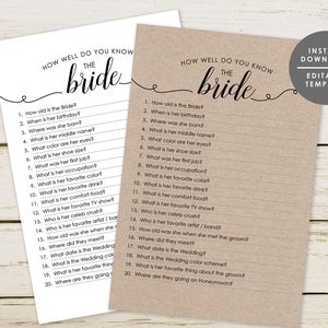 Printable Know the Bride Game How Well Do You Know the Bride - Etsy
