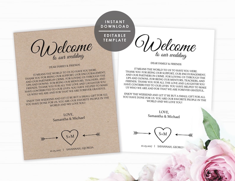 Printable Welcome Bag Note Welcome Letter Template Wedding - Etsy