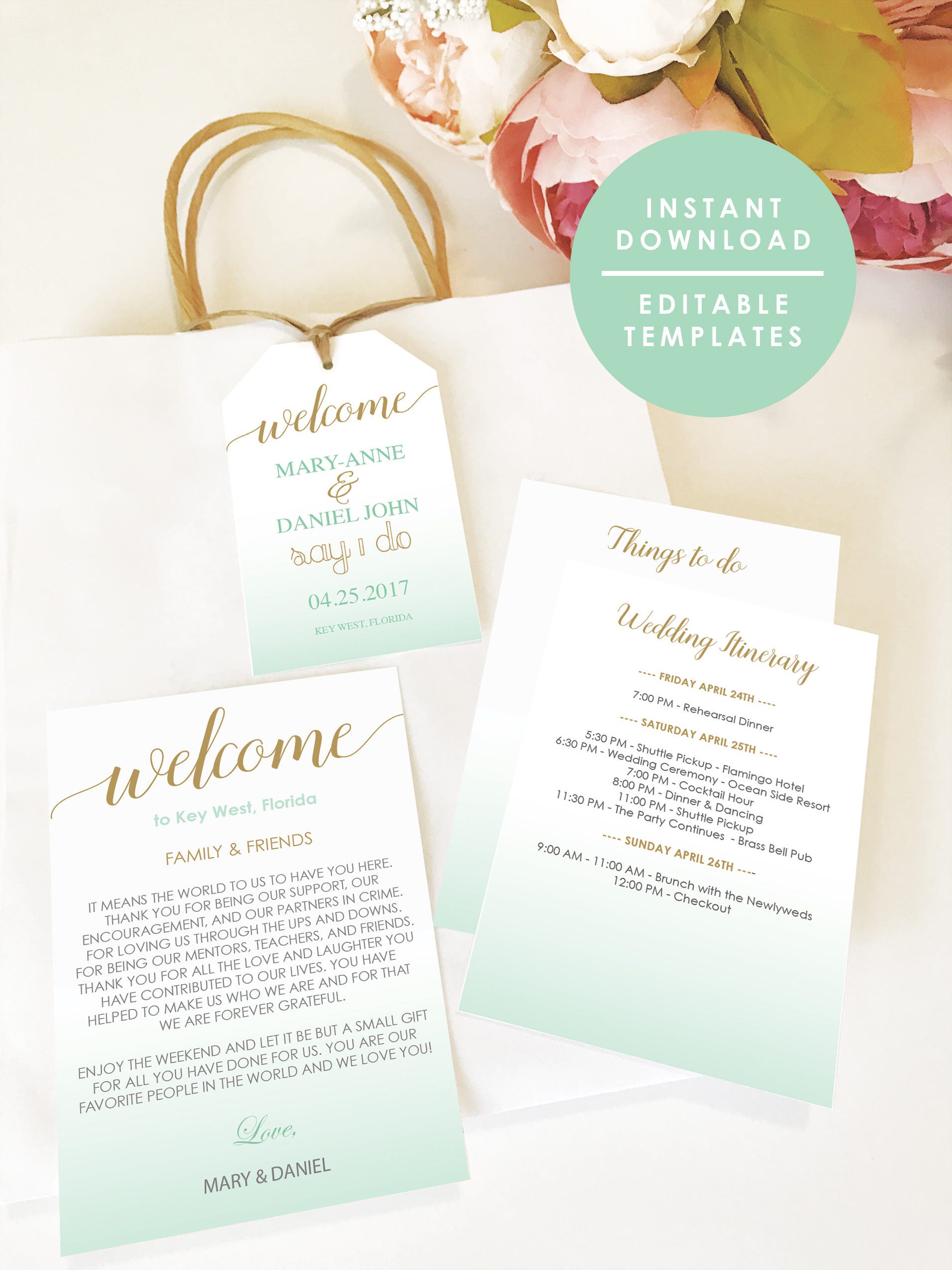 Printable Mint Green Wedding Welcome Bag Note Mint and Gold - Etsy