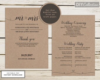 Rustic Wedding Program Template Printable Wedding Programs | Etsy
