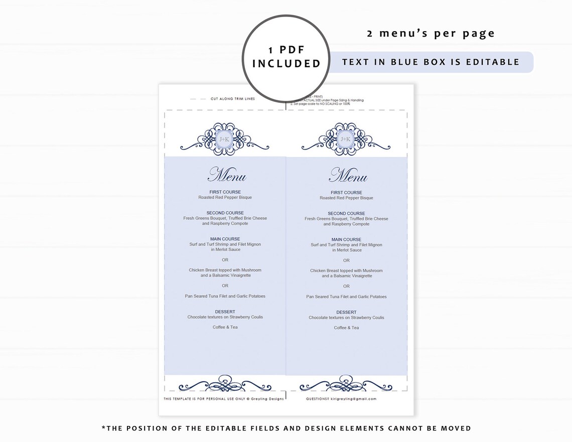 Printable Navy Blue Wedding Menu Navy Wedding Menu Menu | Etsy