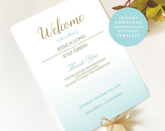 Blue and Gold Wedding Program Beach Program Fan Program - Etsy