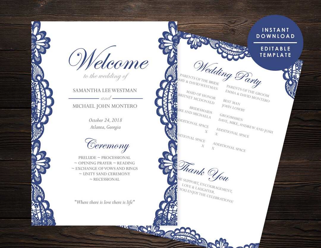 Navy Wedding Program, Elegant Navy Wedding Program, Printable Program ...