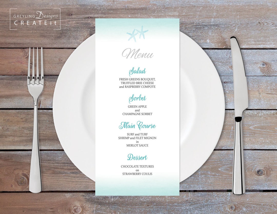 Printable Beach Wedding Menu, Destination Wedding Menu, Beach Theme ...
