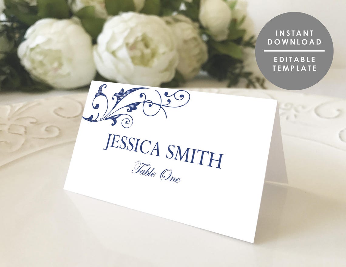 Navy Blue Place Card Template Printable Name Card Folded | Etsy