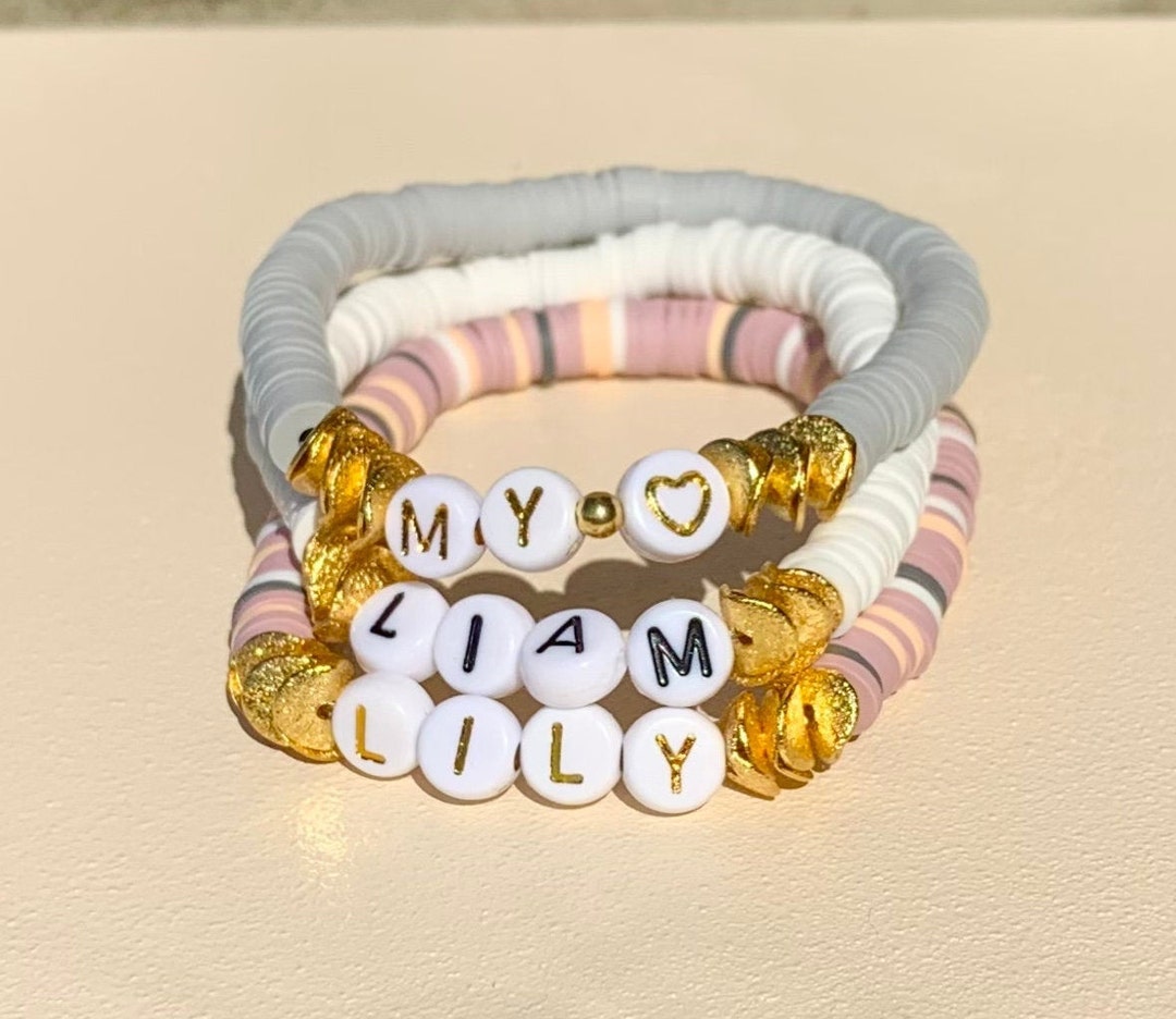 50 Colors/ Name Bracelets/ Personalized Gift/ Polymer Clay Beads/ Gold ...