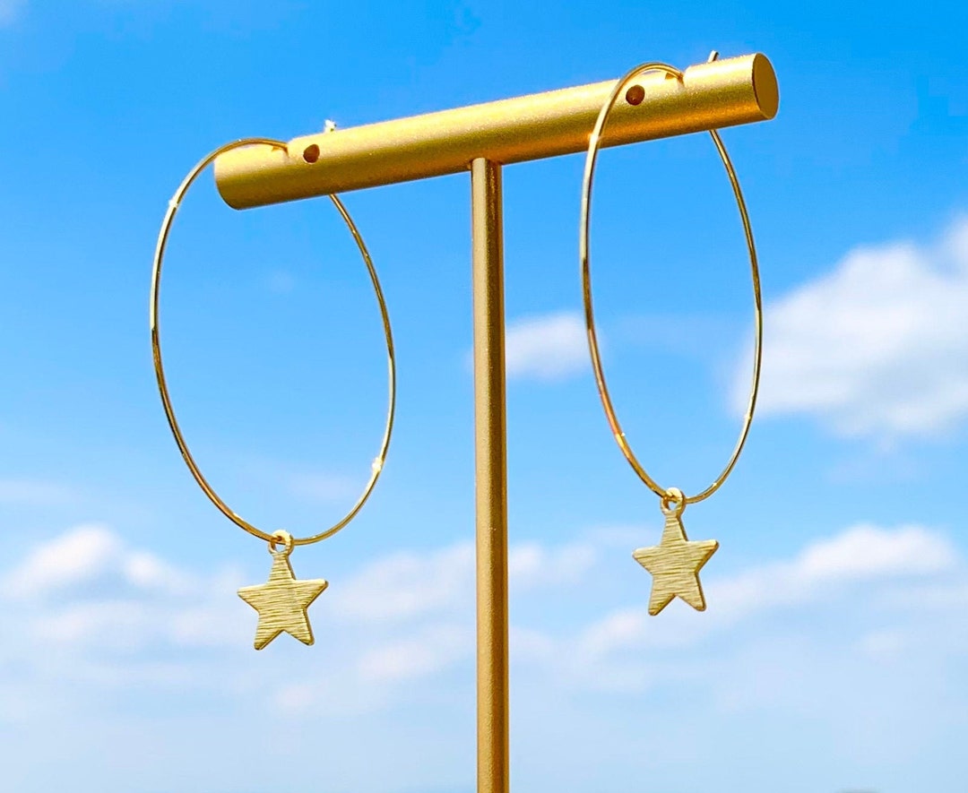 Star Earrings/ 1.6” Gold Hoops/ Lightweight/ Celestial Hoops/ Star ...