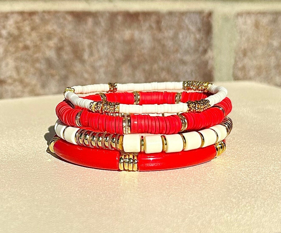 Red Bracelet Set/ Gold Disc Beads/ Acrylic Bracelets/ Clay Disc Beads ...