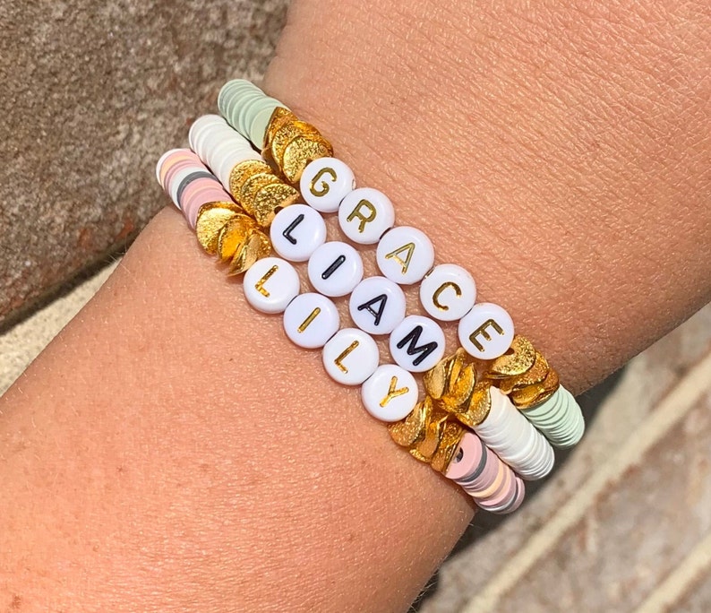 50 Colors/ Name Bracelets/ Personalized Gift/ Polymer Clay Beads/ Gold ...
