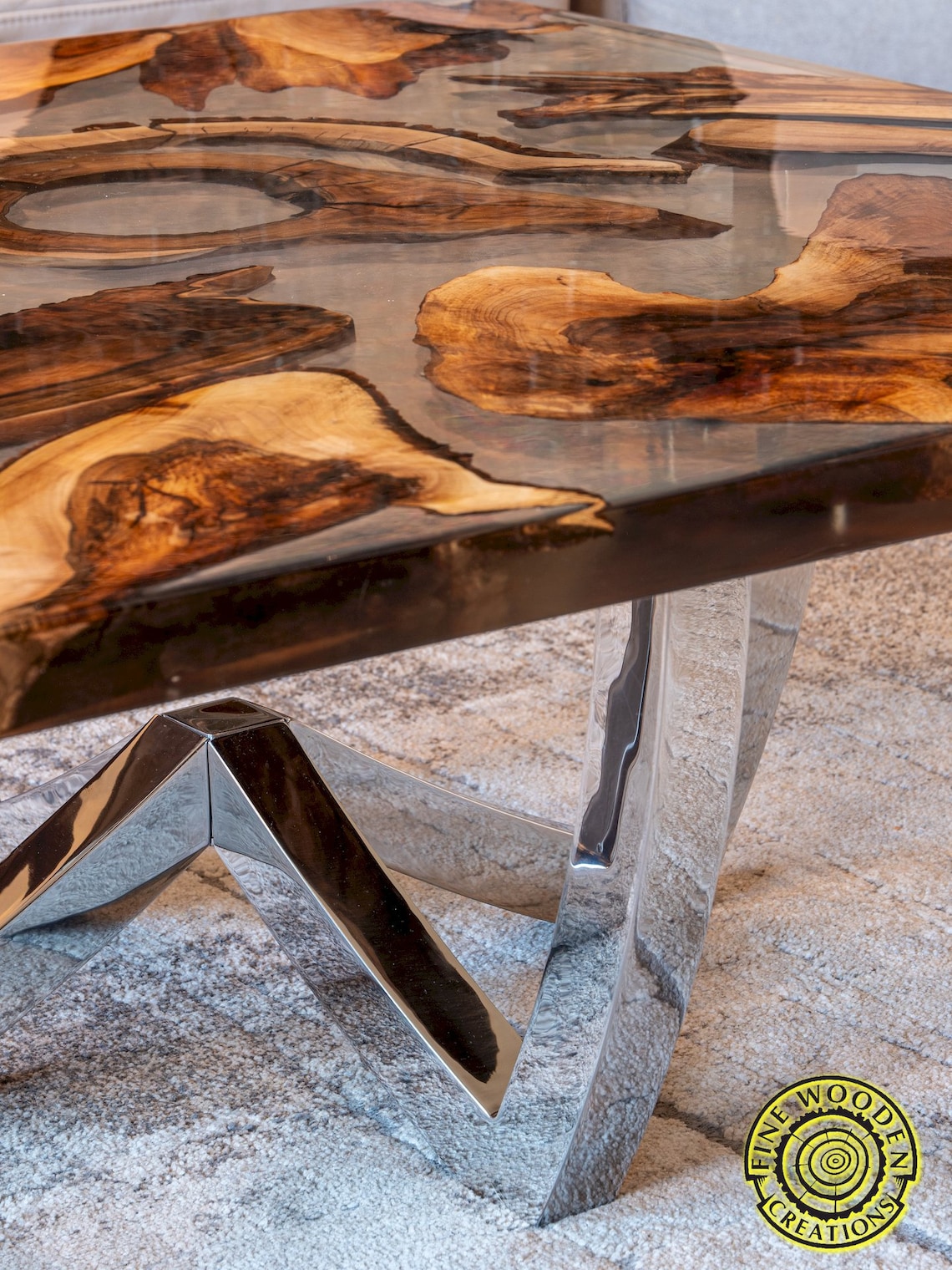 Square Resin and Walnut Coffee Table With Transparent Crystal - Etsy