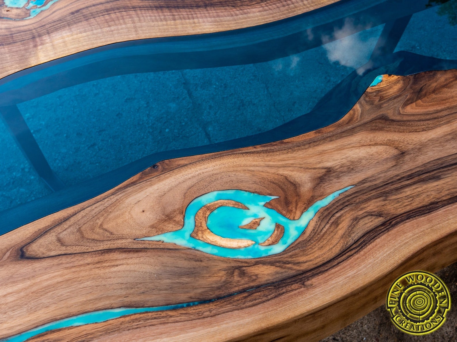 Live Edge River Dining Table With Turquoise Glowing Resin, Walnut Wood ...