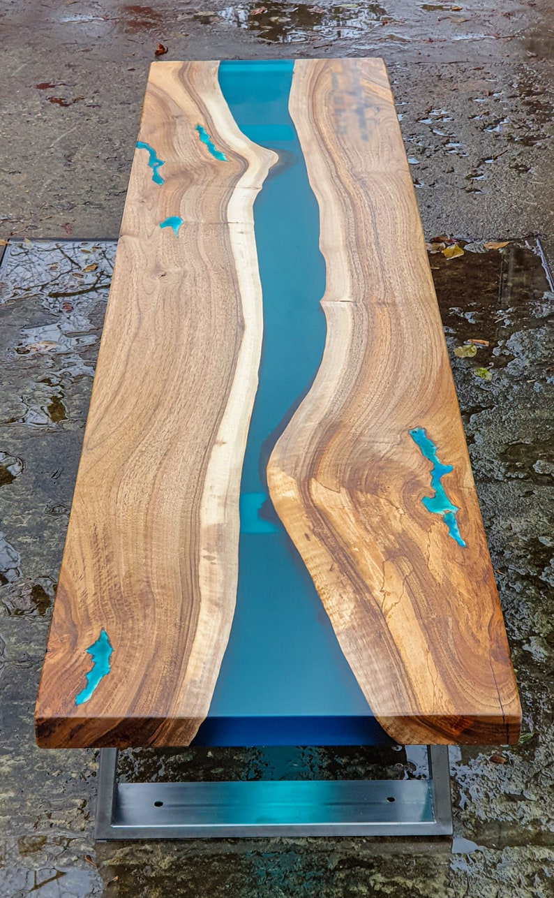 Long Epoxy Resin Bench for Dining Table With Turquoise Glowing Pigment ...
