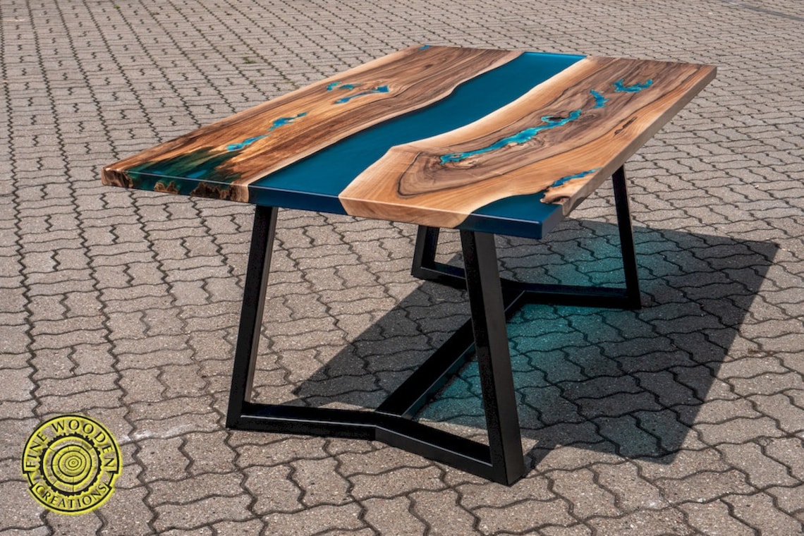 Epoxy Resin River Dining Table With Turquoise Glowing Resin - Etsy