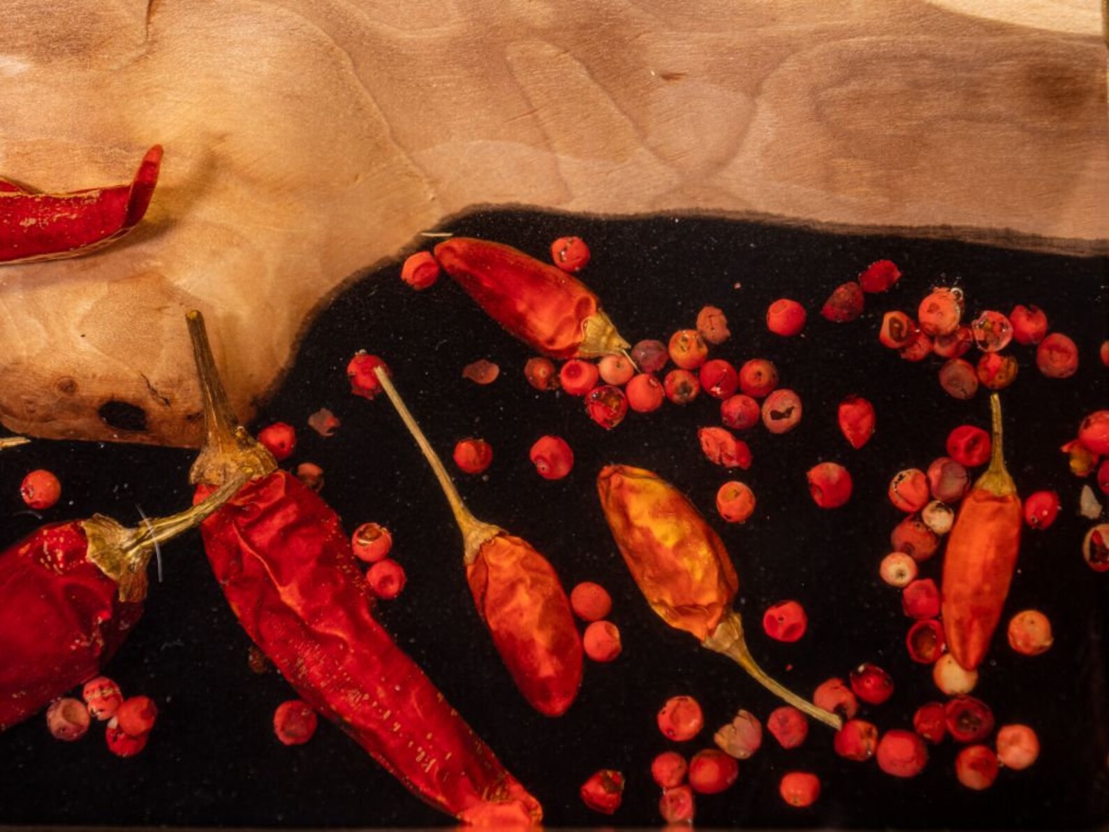 Serving Board Walnut Wood HOT RED Pepper on a Black Background in ...