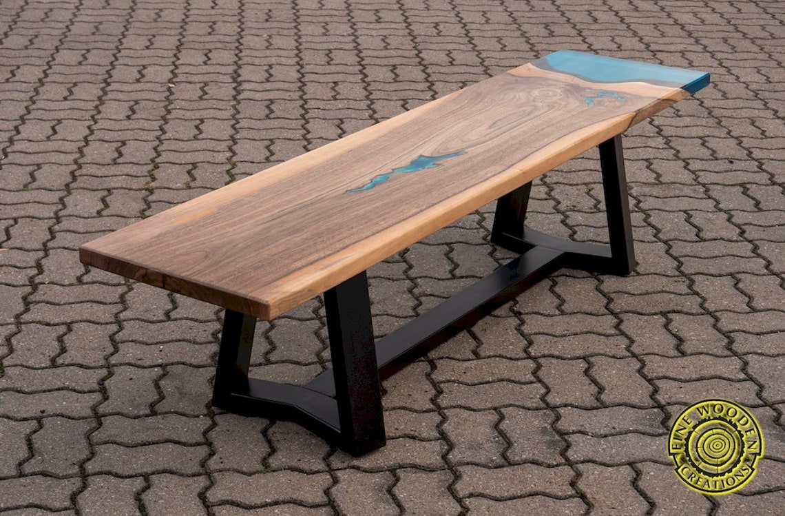 Epoxy Resin Bench for Dining Table With Turquoise Glowing - Etsy