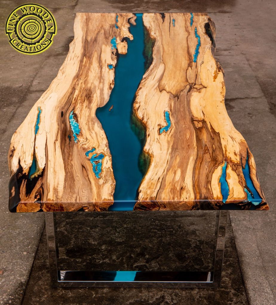 Live Edge Resin River Dining Table With Turquoise Glowing - Etsy