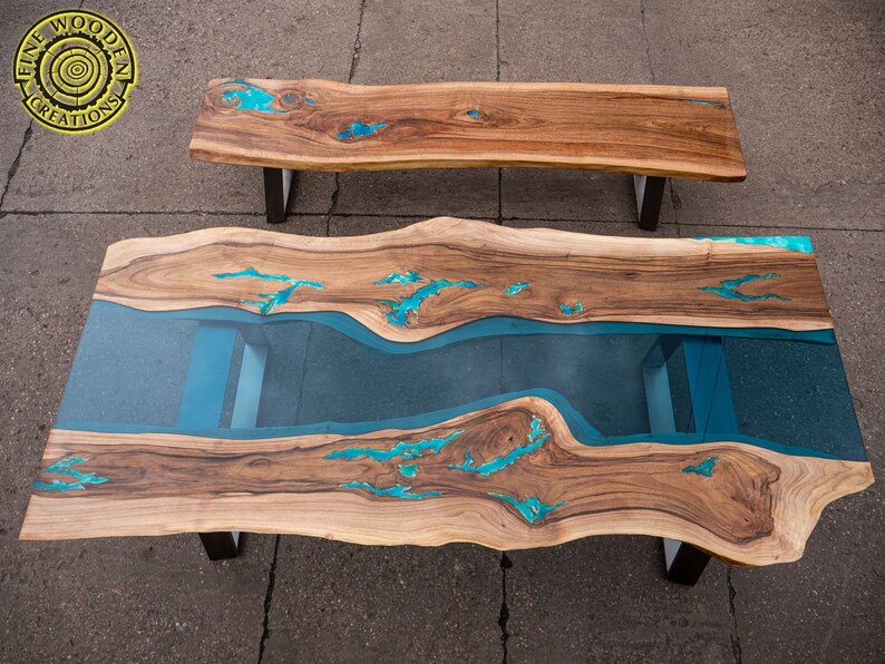 Live Edge River Glass Dining Table With Bench and Glowing | Etsy