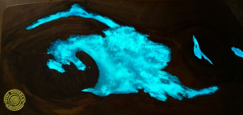 Live Edge River Glass Dining Table With Bench and Glowing | Etsy