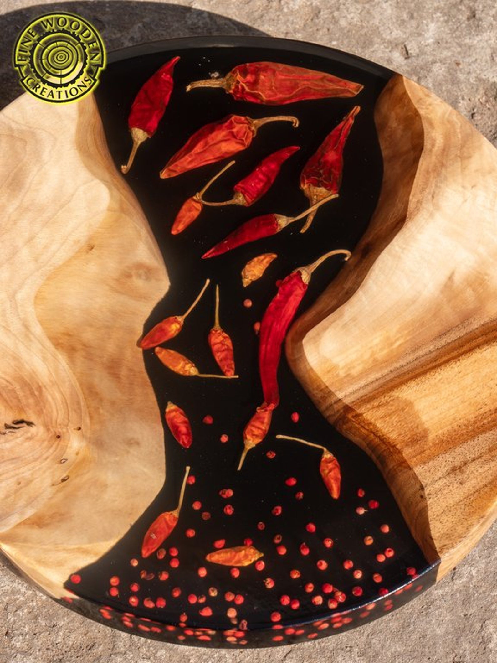 Round Spicy Serving Board With Pepper and Paprika on Black Resin Burl ...