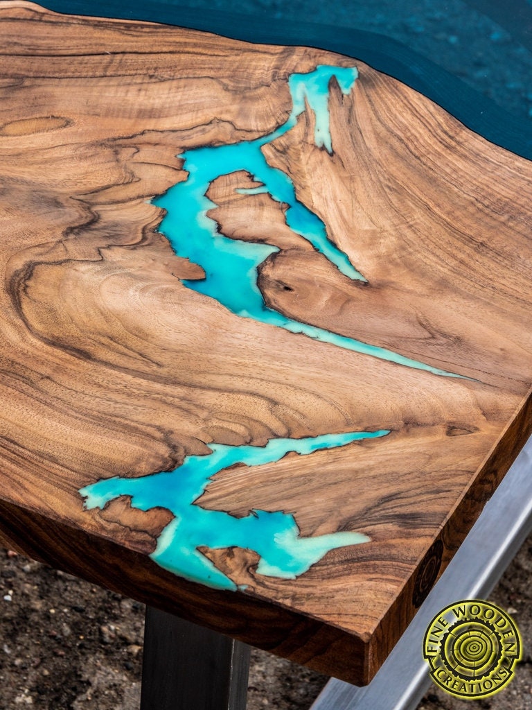 Square Live Edge River Glass Coffee Table With Glowing Resin Fillin ...