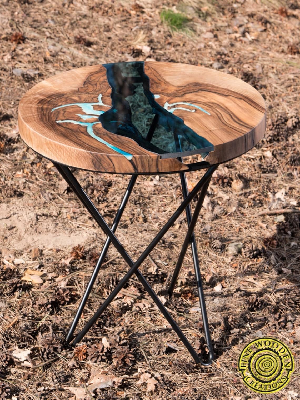 Round Live Edge River Coffee Table With Crossed Hairpin Legs | Etsy