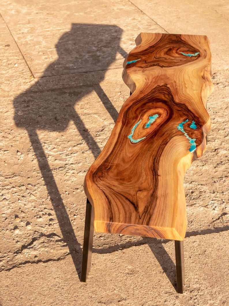 Live edge river glass dining table with bench and glowing | Etsy