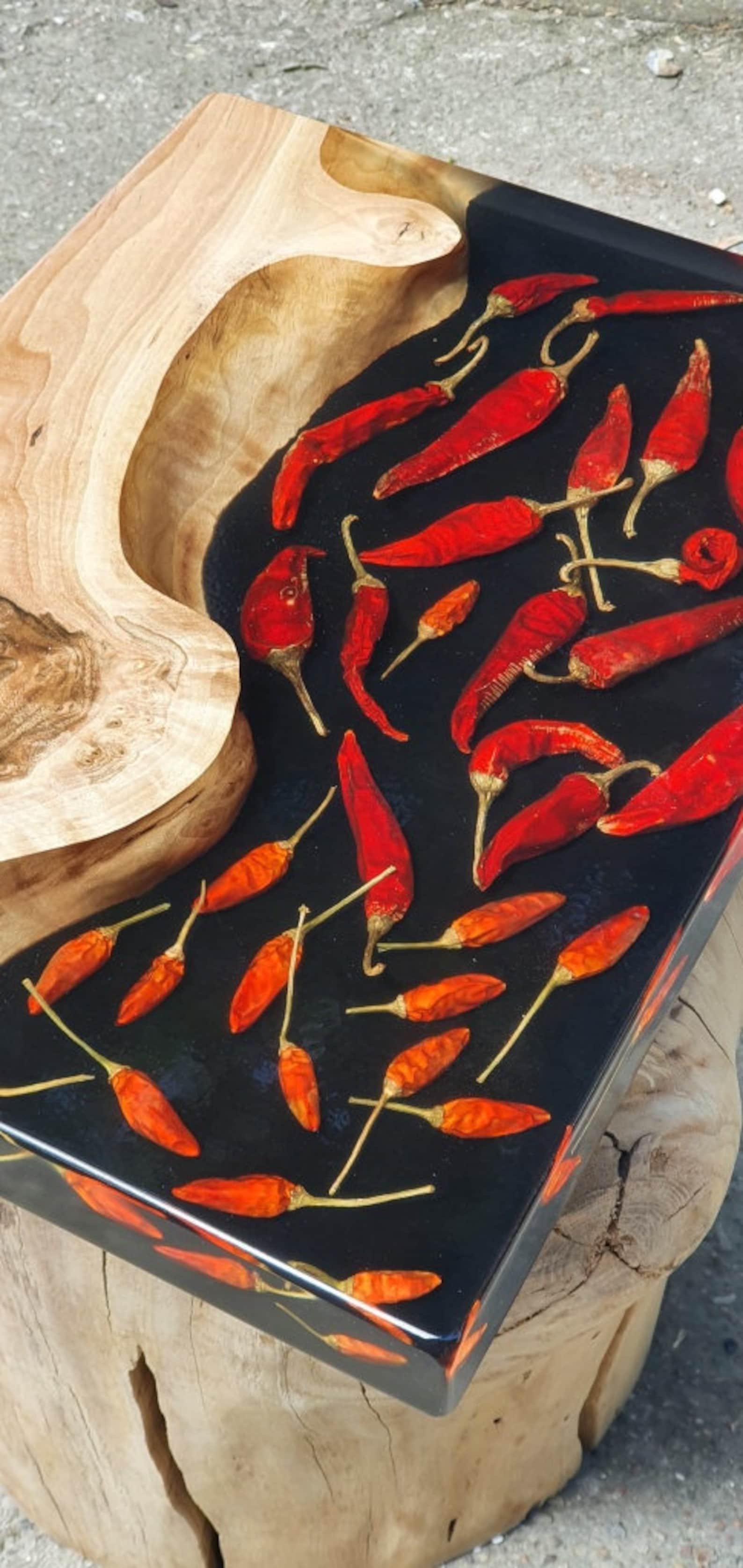 Walnut Wood Serving Board With Red Chilli Peppers in Resin - Etsy