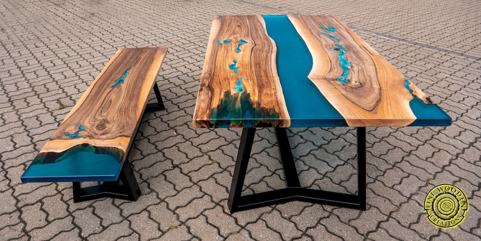 Epoxy Resin Bench for Dining Table With Turquoise Glowing - Etsy