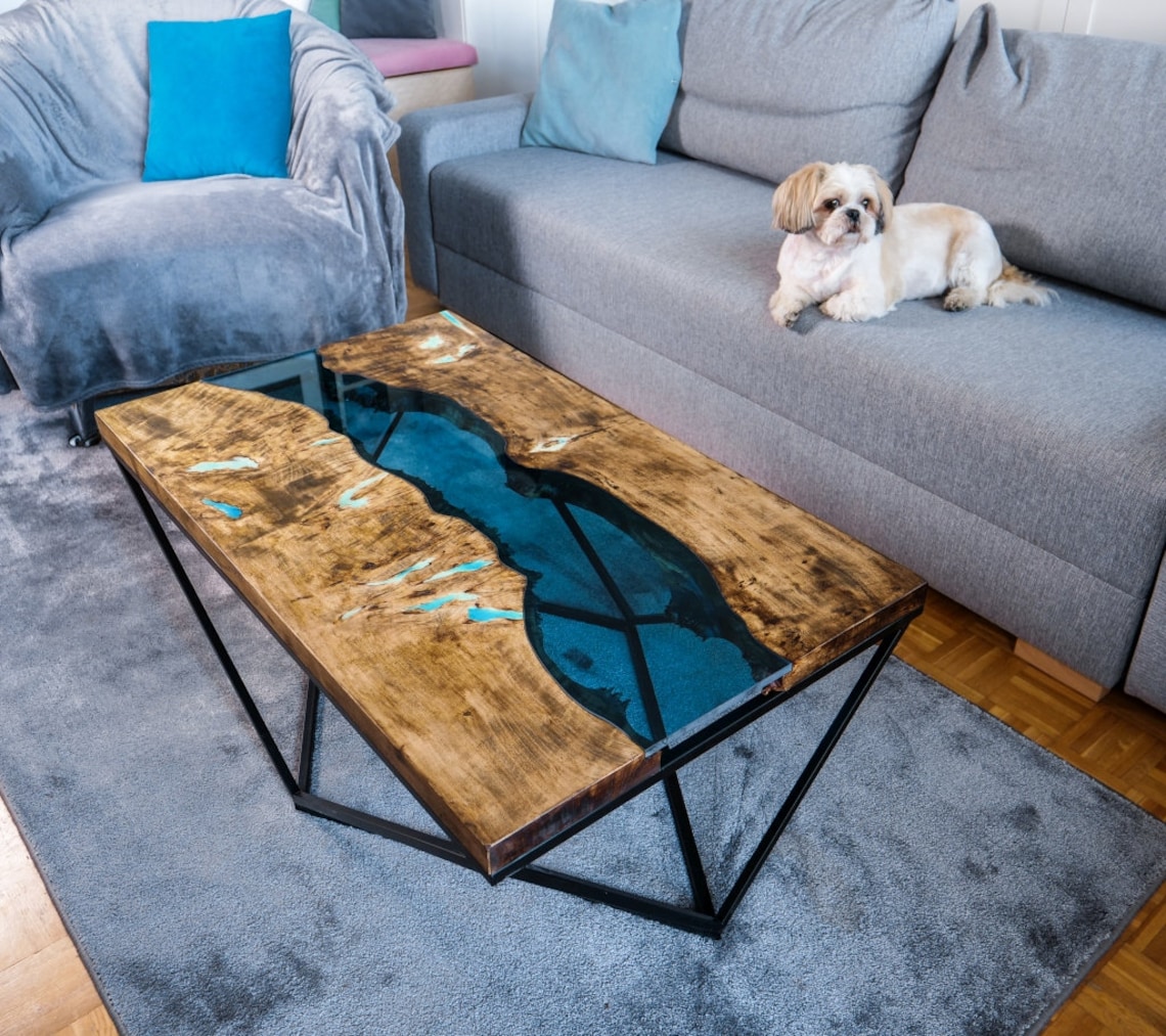 Live Edge River Coffee Table With Glowing Resin - Etsy