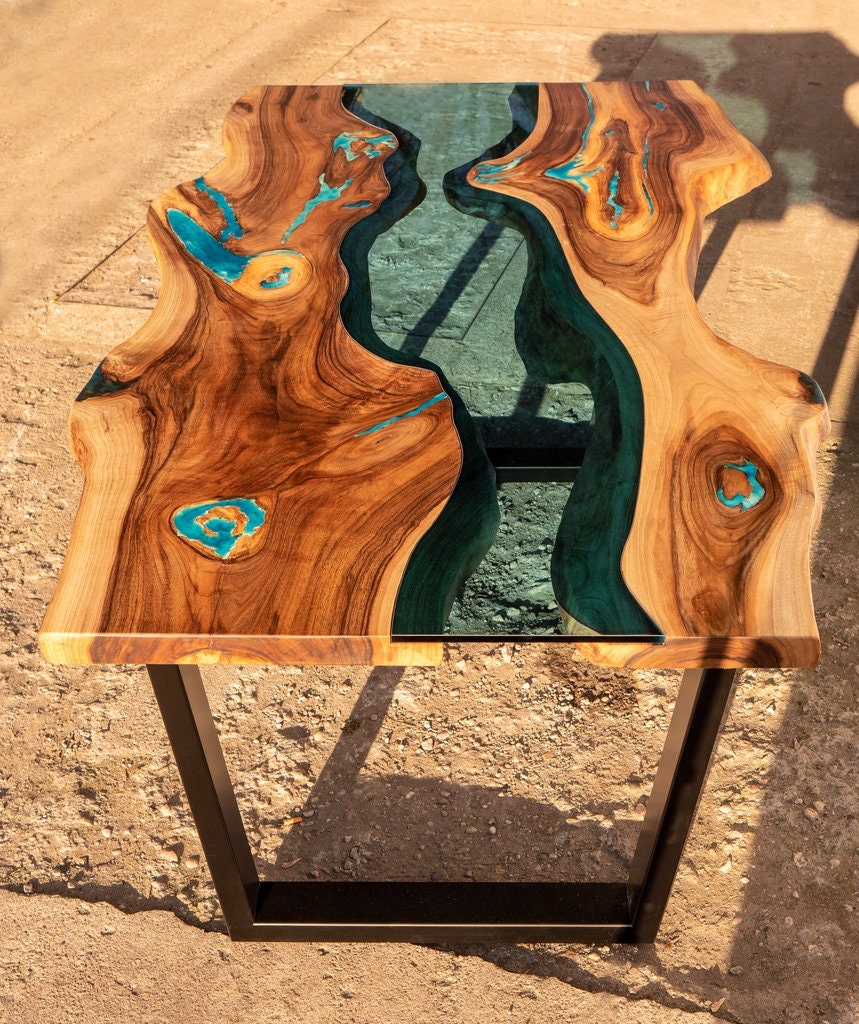 Live Edge River Glass Dining Table With Bench and Glowing Resin Fill In ...