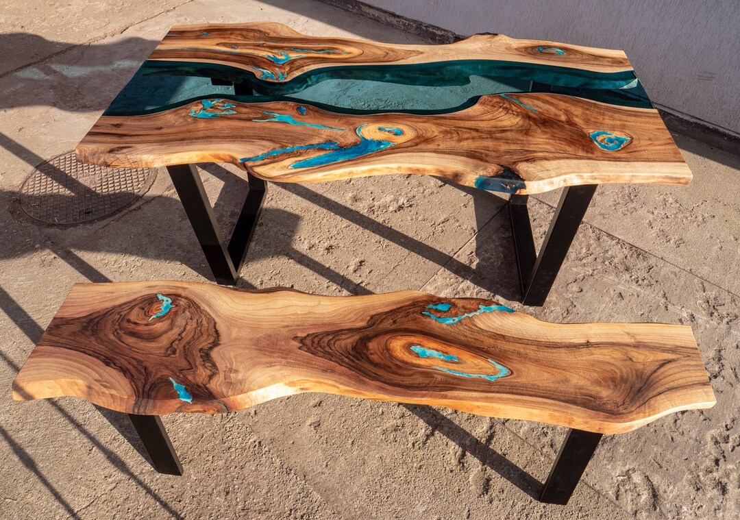 Live Edge River Glass Dining Table With Bench and Glowing Resin Fill In ...