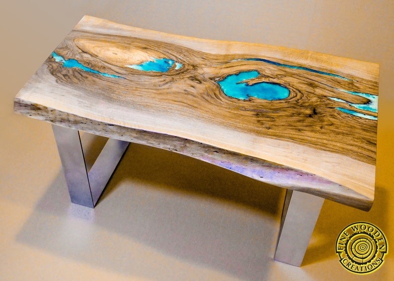 Live Edge Coffee Table With Silver Matt Legs and Glowing Resin - Etsy
