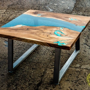 Square Live Edge River Glass Coffee Table With Glowing Resin Fillin ...