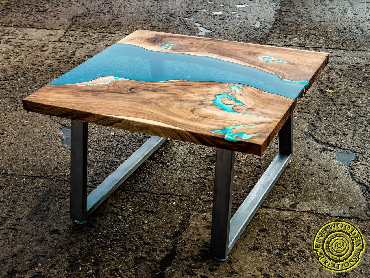 Square Live Edge River Glass Coffee Table With Glowing Resin Fillin ...