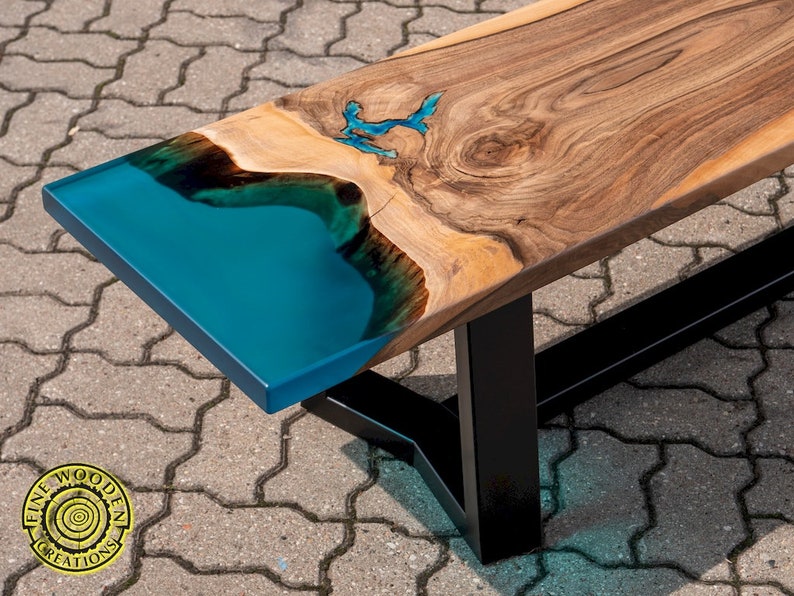 Epoxy Resin Bench for Dining Table With Turquoise Glowing - Etsy