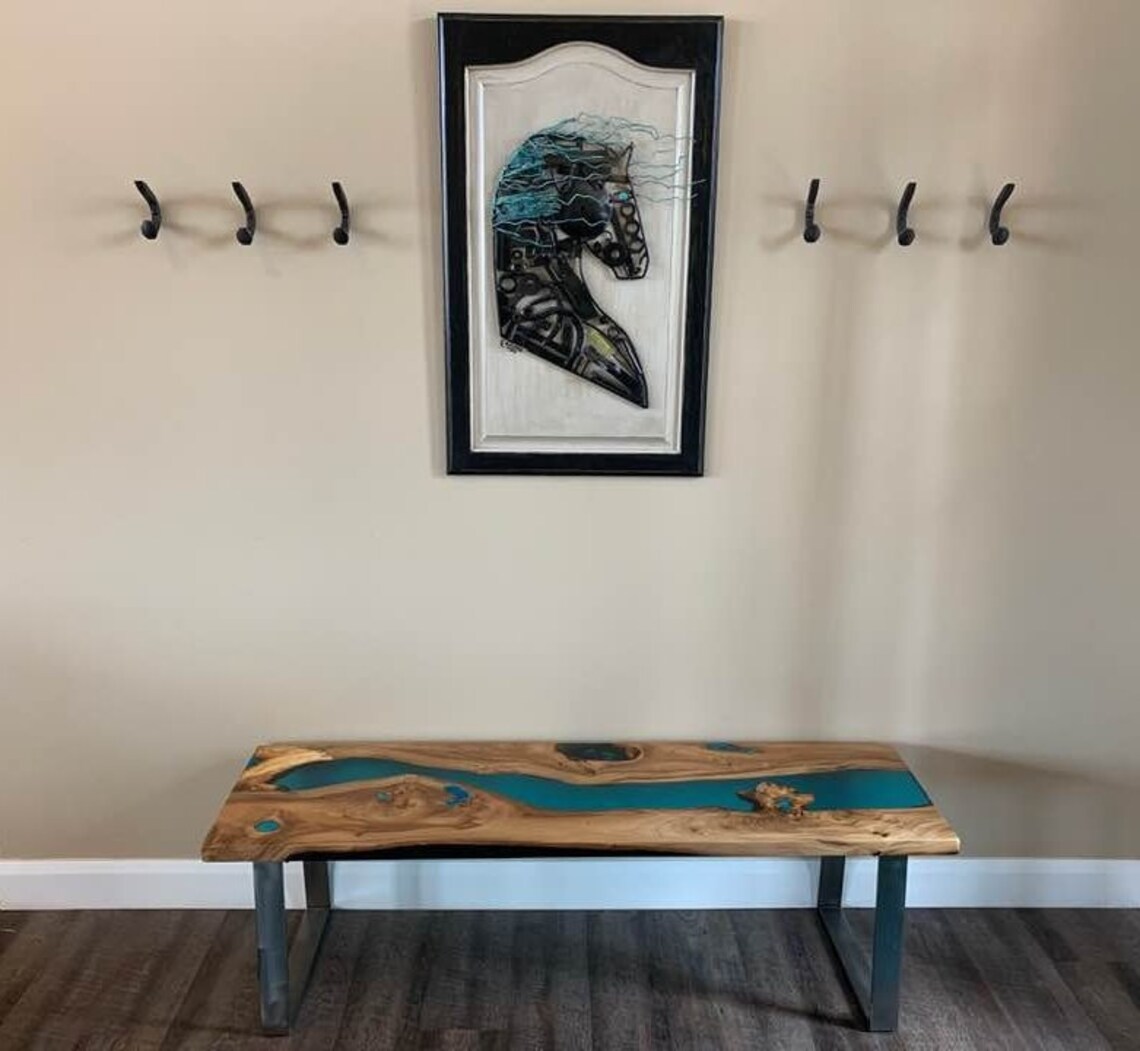 Epoxy Resin Bench for Dining Table With Turquoise Glowing - Etsy