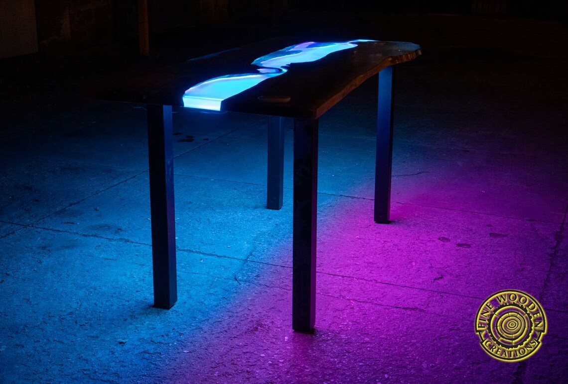 Live edge epoxy resin river dining table with led lighting and | Etsy