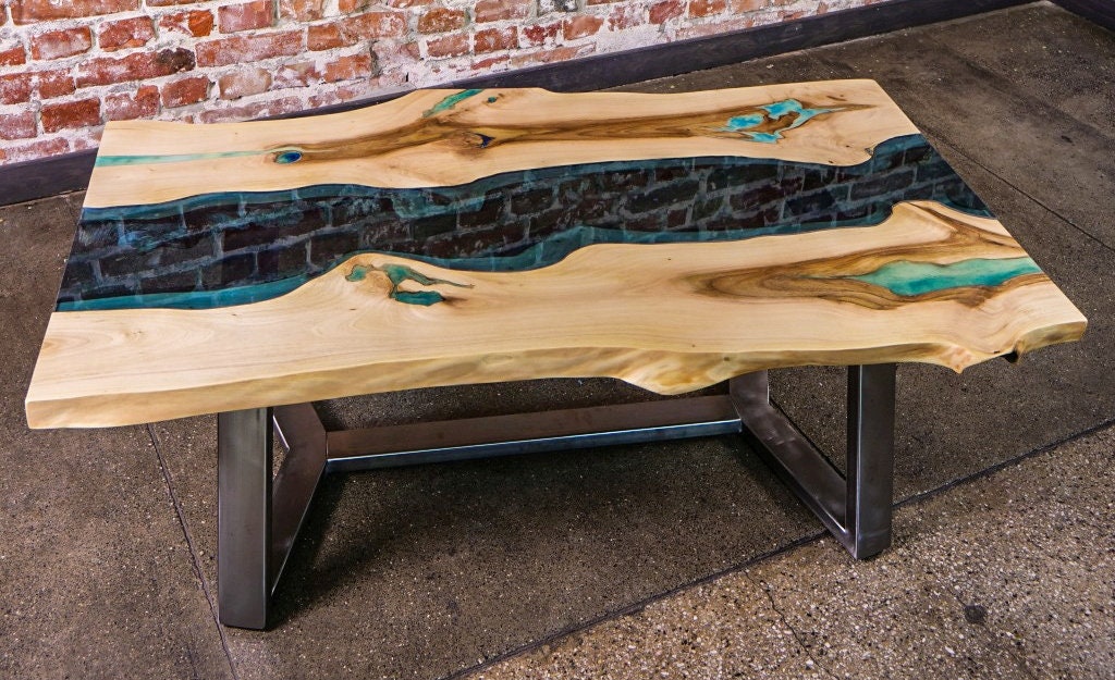 Live edge river coffee table with glowing resin and metal base | Etsy