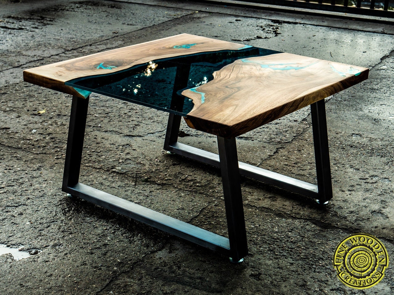 Square Live Edge River Glass Coffee Table With Glowing Resin Fillin ...