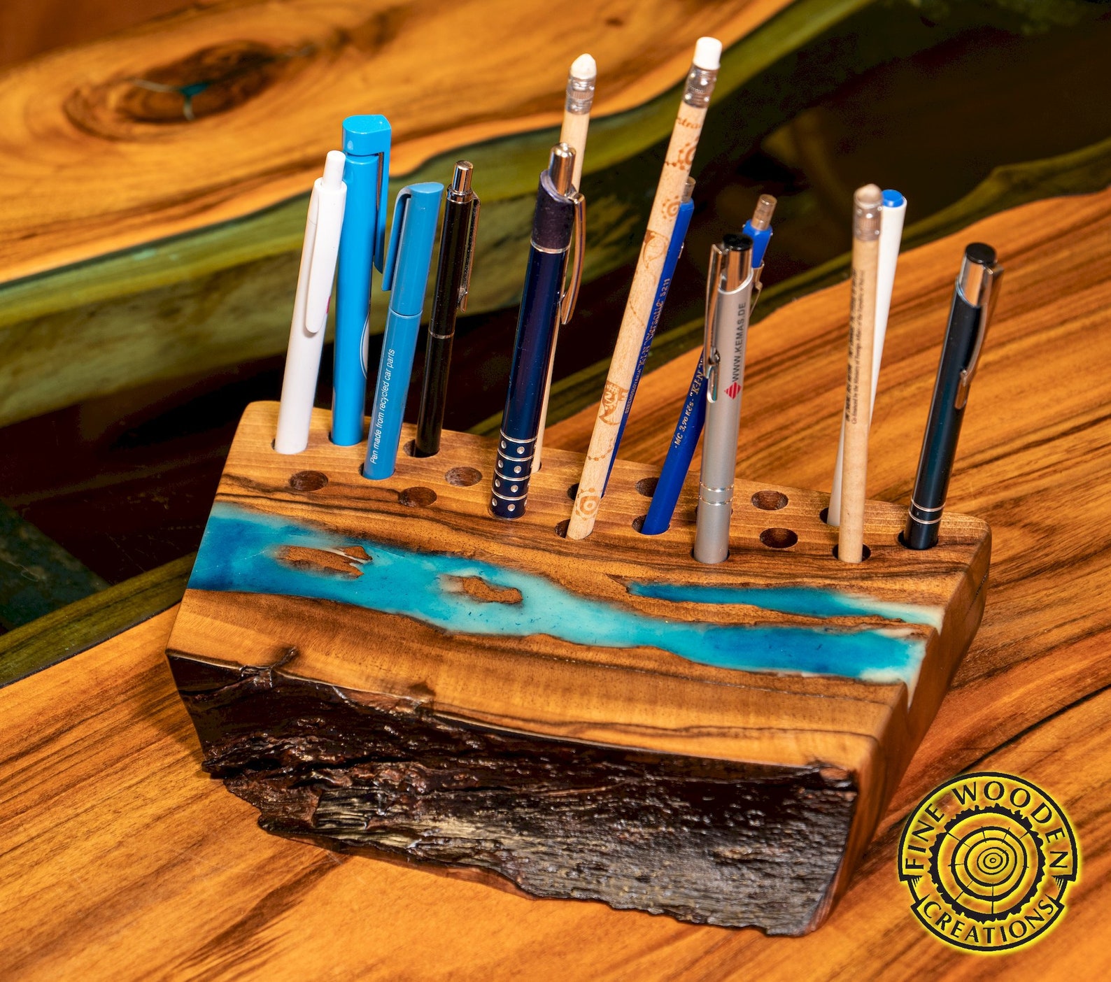 Pencil Ball Pen Stand With Glowing Resin and Walnut Wood - Etsy