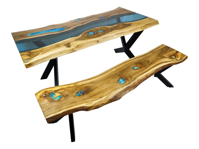 Double Live Edge River Dining Table With Bench River Glass and - Etsy