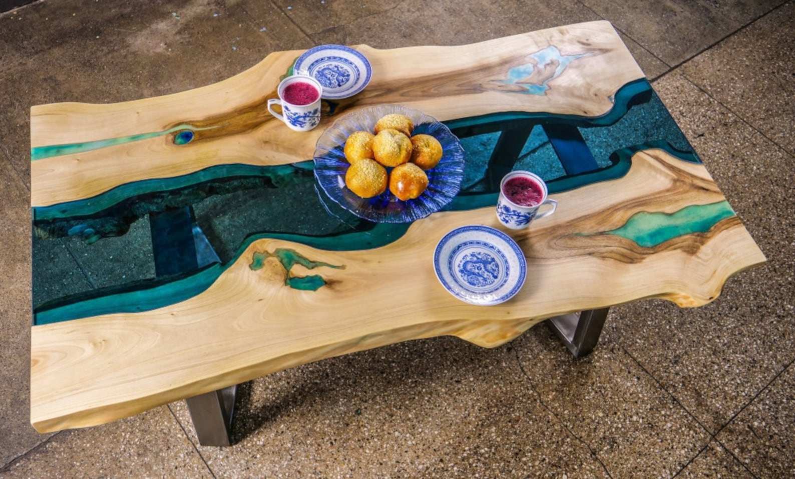Live Edge River Coffee Table With Glowing Resin and Metal Base - Etsy
