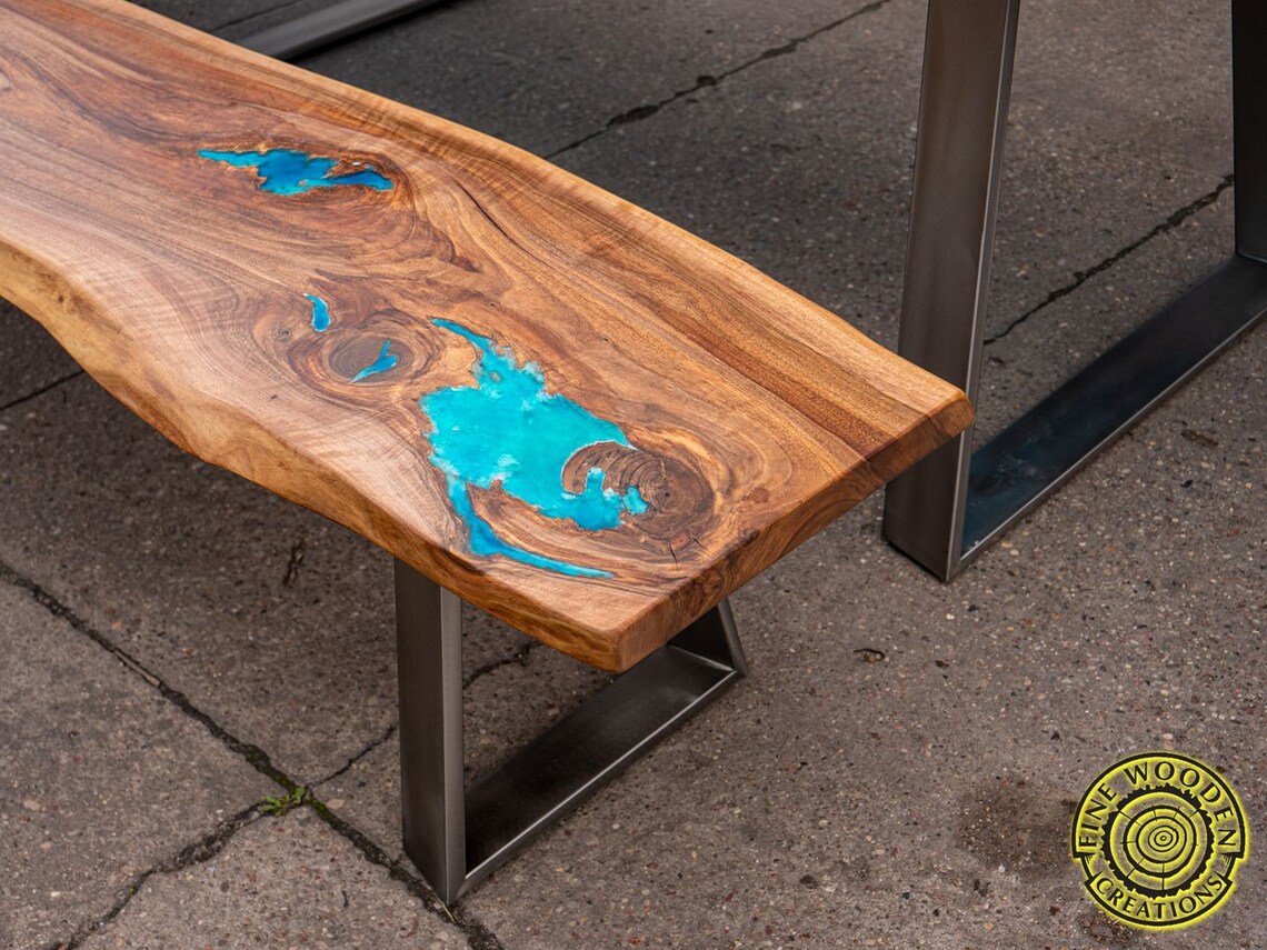 Live Edge River Glass Dining Table With Bench and Glowing | Etsy