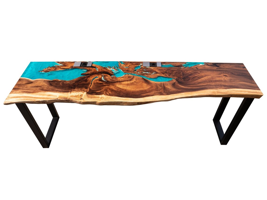 Desk / Workbench With Epoxy Resin and Live Edge Made of Suar | Etsy