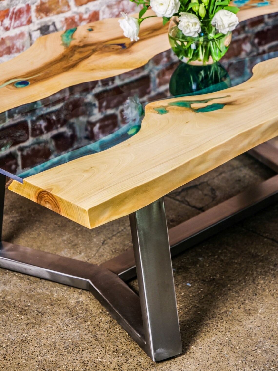 Live edge river coffee table with glowing resin and metal base | Etsy