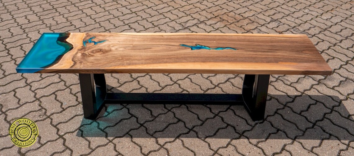 Epoxy Resin Bench for Dining Table With Turquoise Glowing - Etsy