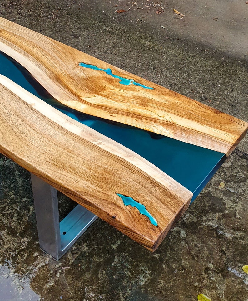 Long Epoxy Resin Bench for Dining Table With Turquoise Glowing Pigment ...