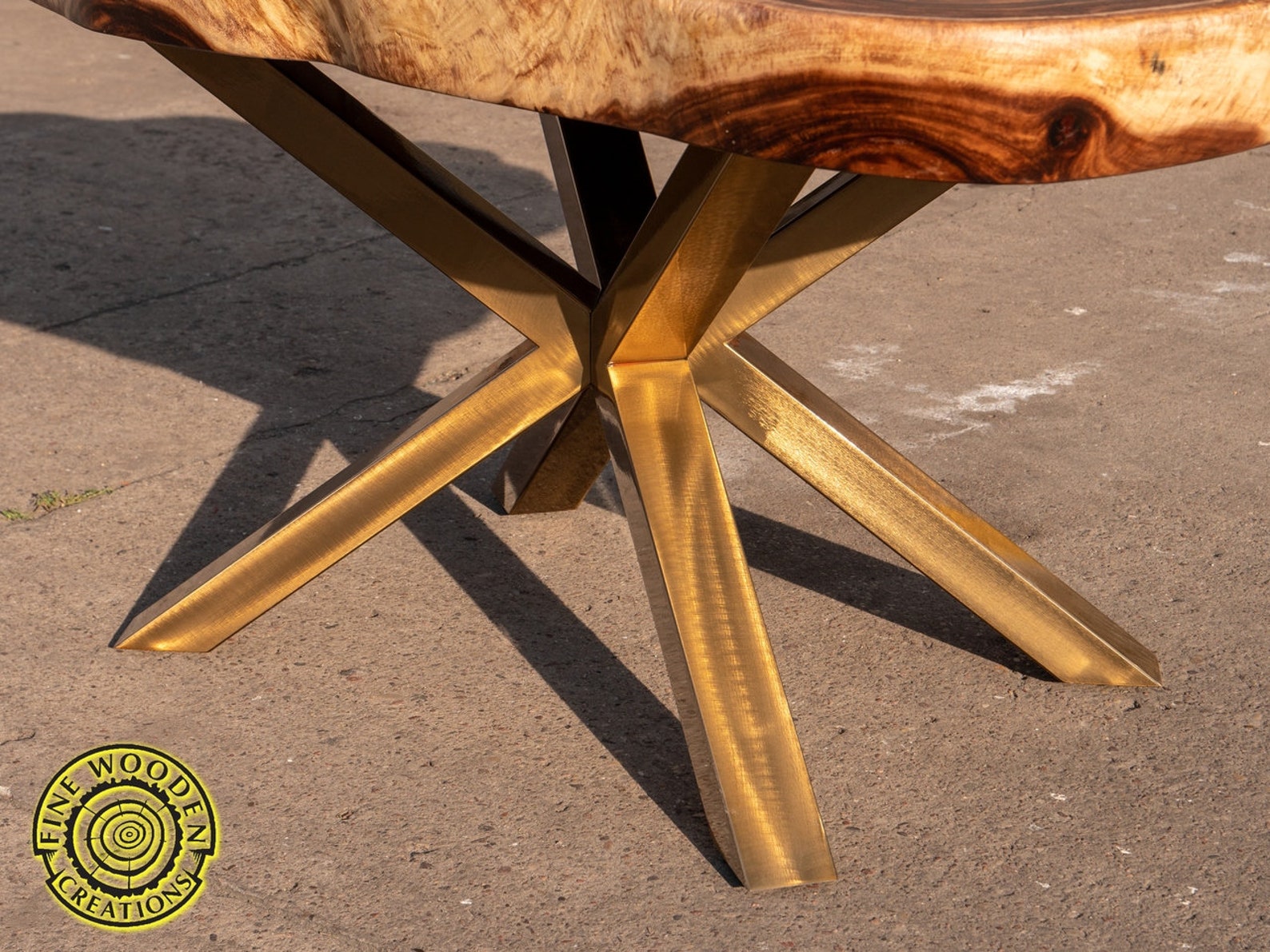 Round Live Edge Dining Table With Glowing Resin and Golden Legs, Exotic ...
